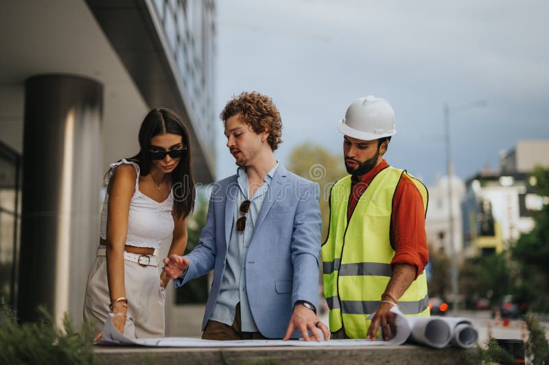 Architects and Engineers Discussing an Architectural Blueprint Outdoors ...