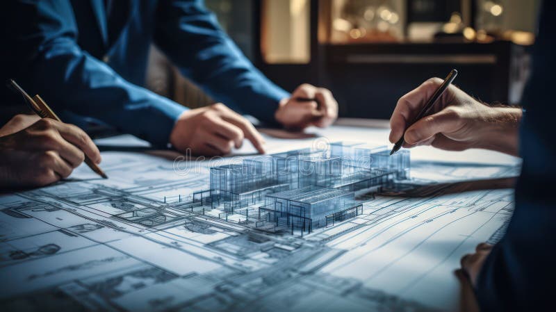Architects and Engineers Discussing at a Table. Persons Engineer Hand ...