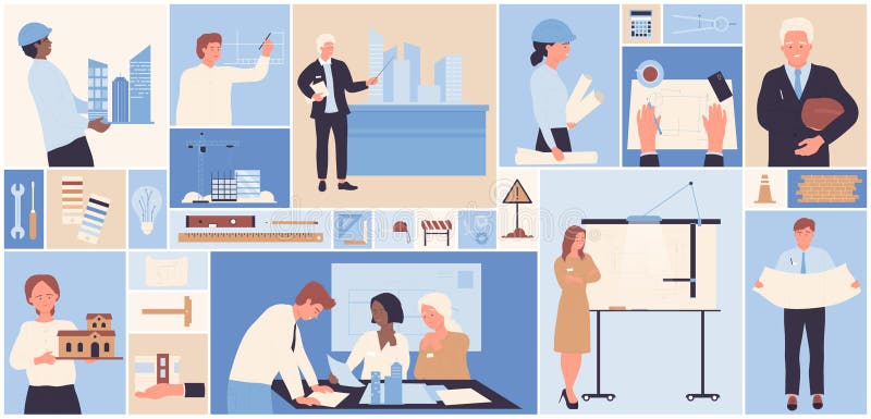 Architects and Engineers Work on Construction Projects Square Collage ...