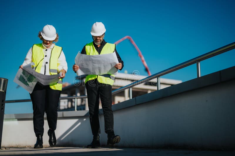 Architects Examining Blueprints at a Construction Site on a Sunny Day ...