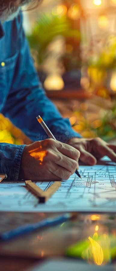 Architects Hand Drawing a Blueprint with a Drafting Pen Stock ...