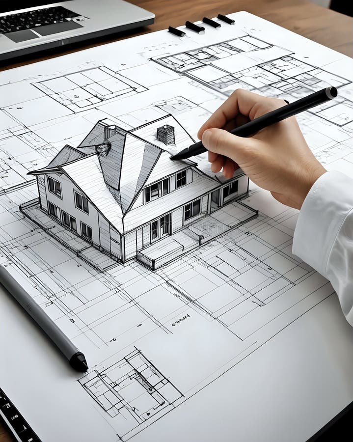Architects Hand Drawing House or Home Building Design Blueprints Stock ...