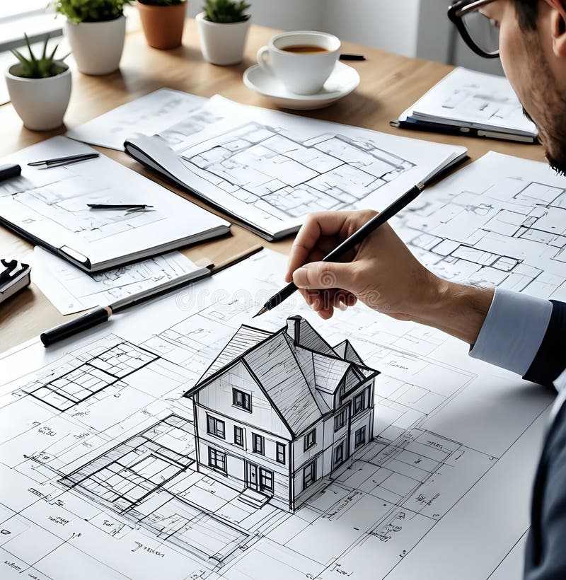 Architects Hand Drawing House or Home Building Design Blueprints Stock ...