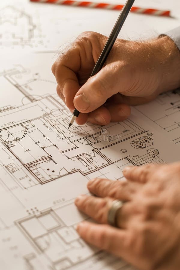 Architects Hands Meticulously Drafting Detailed Blueprint Plans for a ...