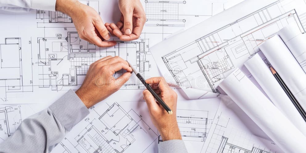 Architects Hands Work on Drawings and Construction Plans To Discuss ...