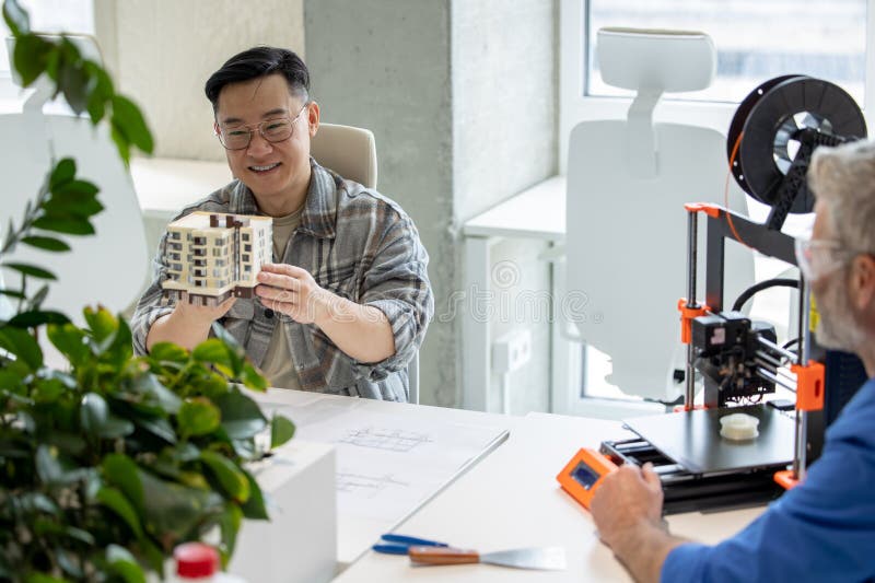 Architects Making House Model Working with 3D Printer, Creating Process ...