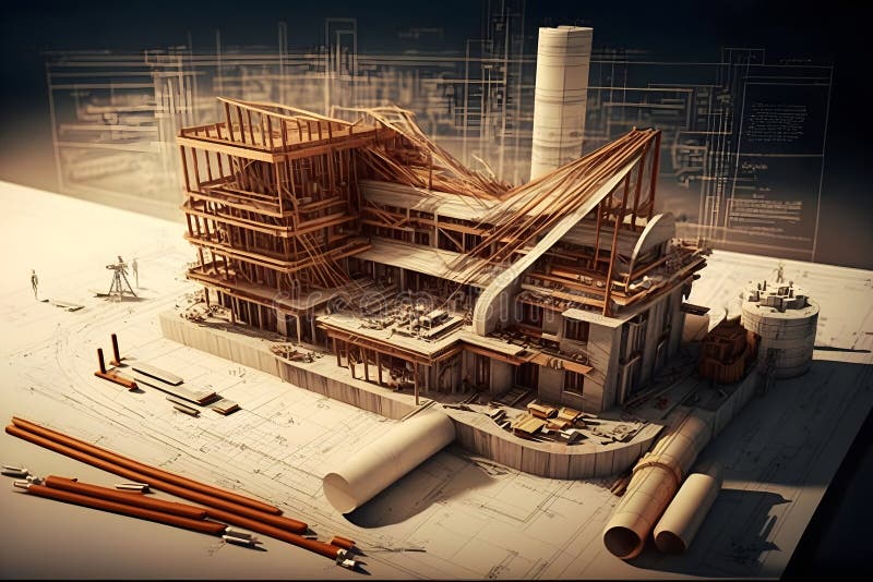 Architects Model House with Plan and Blueprints. Neural Network AI ...