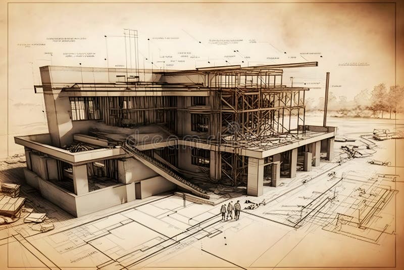 Architects Model House with Plan and Blueprints. Neural Network AI ...