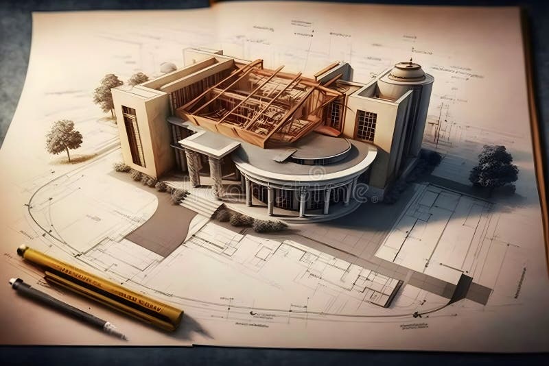 Architects Model House with Plan and Blueprints. Neural Network AI ...