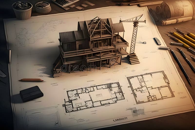Architects Model House with Plan and Blueprints. Neural Network AI ...