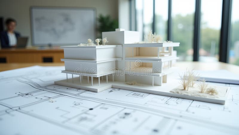 Architects Office with Detailed Blueprints and a Scale Model of a ...