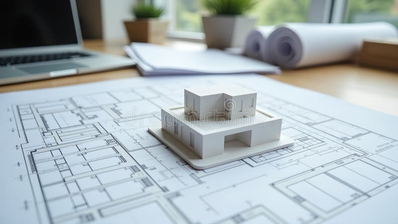 Architects Office with Detailed Blueprints and a Scale Model of a ...