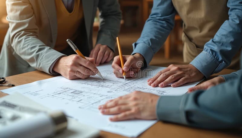 Architects Team Work with Architectural Plans. Engineers Sketch ...