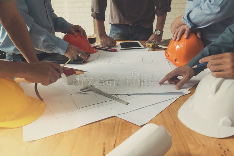 Architects Team Working with Blueprints Stock Image - Image of engineer ...