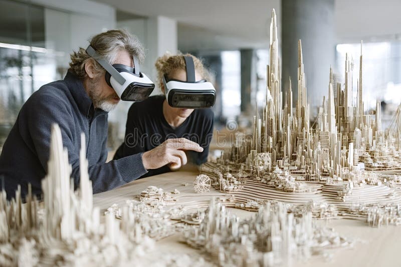 Architects Using Vr Headsets Exploring Scale Model of Futuristic City ...