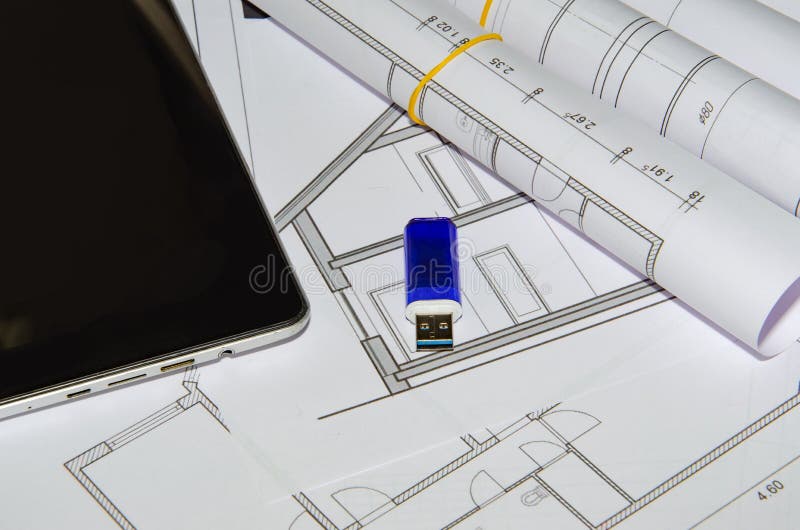 Architects Work Table with Technical Drawings and Tablet Computer Stock ...