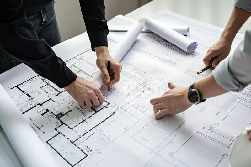 Architects Working on Blueprint at Office Desk, Architectural Concept ...