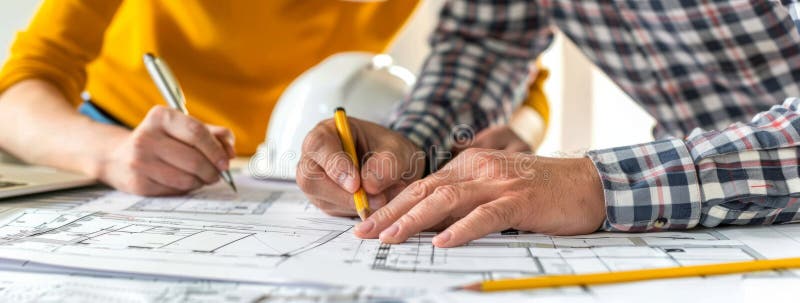 Architects Working on Blueprints with Pencils and Ruler. Close-up of ...