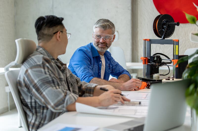 Architects Working with 3D Printer and Projecting House Model, Drawing ...