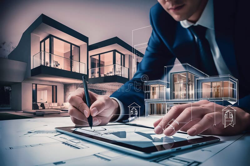 Architects Working at the Office Drawing a Blueprint Stock Illustration ...