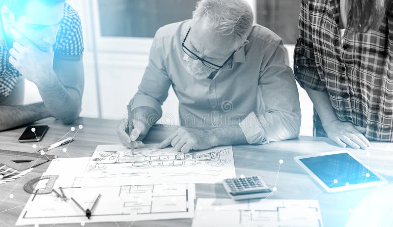 Architects Working on Plans; Multiple Exposure Stock Photo - Image of ...