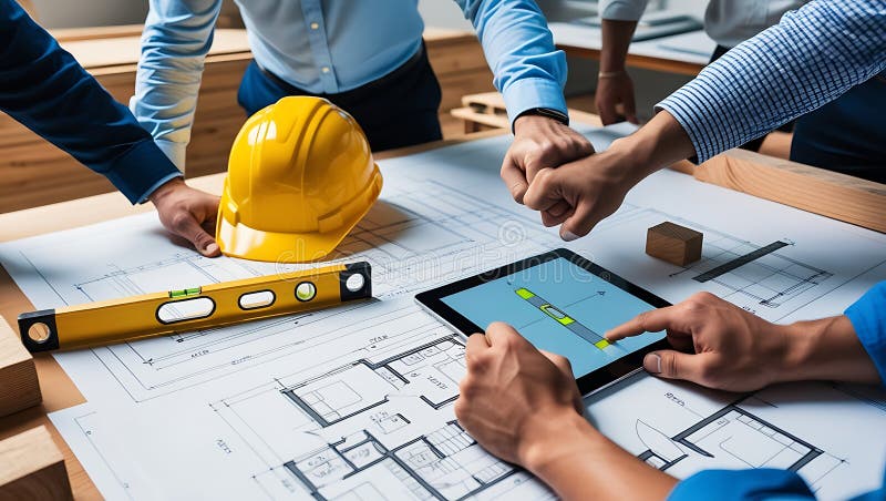 Architects Working on Project, Architects Collaborating on Blueprints and Digital Design. Stock ...