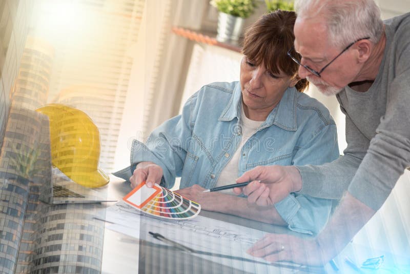 Architects Working on Sketch and Using Color Swatch Multiple Exposure ...