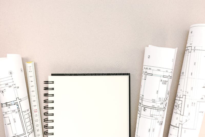 Architects Workspace with Blueprints, Notepad and Folding Rule Stock ...