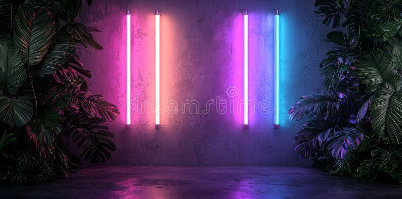 Architectural Abstract Colorful Neon Lights Brick Walls Tropical Plants ...