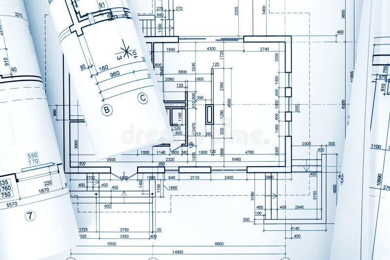 Architectural Background with Blueprint Rolls, House Plan and Pe Stock ...