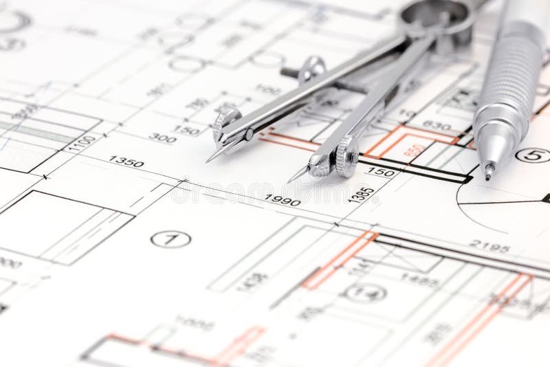 Architectural Background with Floor Plan, Drawing Compass and Pencil ...