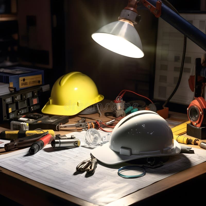 Architectural Background with Safety Engineer Helmet , Flashlight and ...
