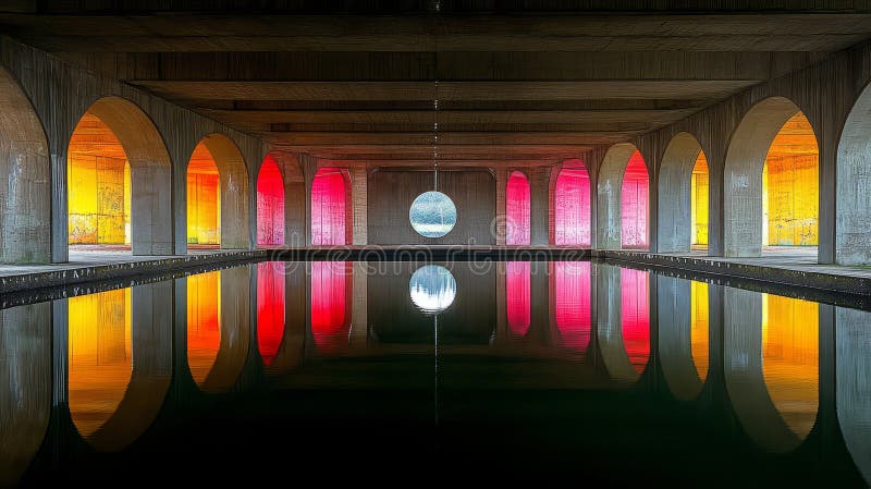 Architectural Beauty with Colorful Reflections in a Serene Water Pool ...