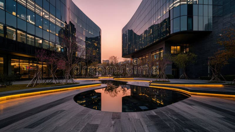 Architectural Beauty at Dusk Modern Office Complex Urban Setting ...