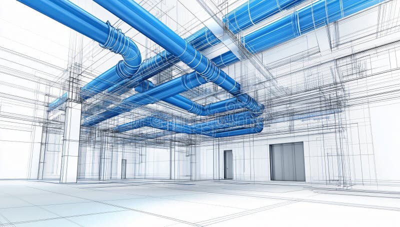 Architectural Blueprint with Blue Pipes- 3D Model High Quality Image ...