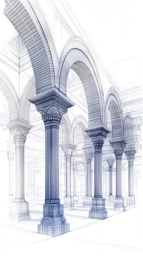 Architectural Blueprint of a Colonnade with Arches and Detailed Column ...
