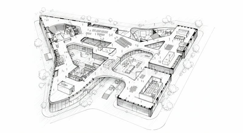 Architectural Blueprint of a Complex Building Featuring a Triangular ...