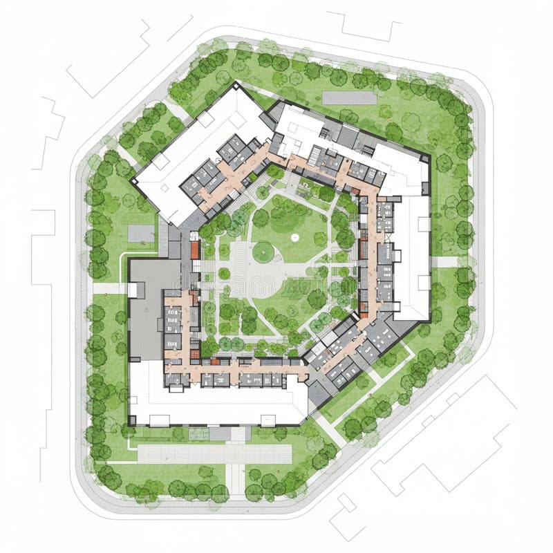 Architectural Blueprint Depicting a Symmetrical, Hexagonal Complex ...