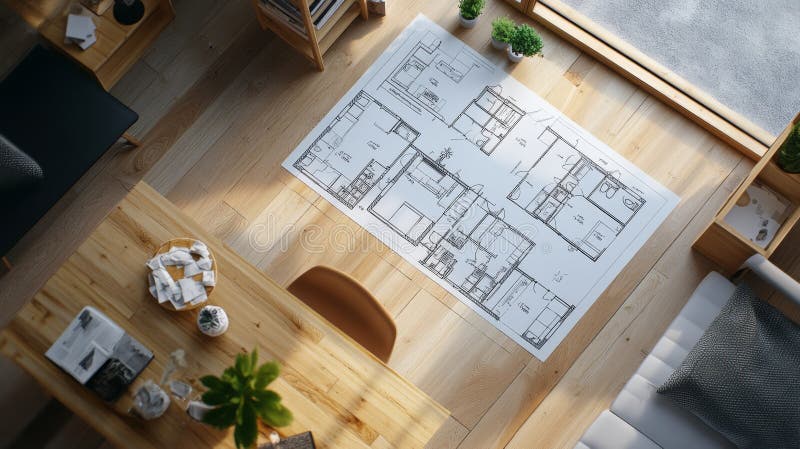 Architectural Blueprint on Desk with Laptop and Coffee Stock ...
