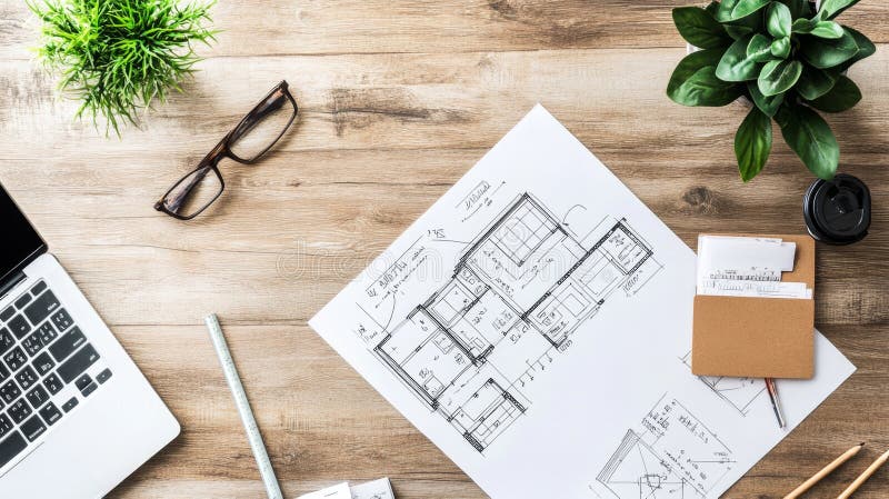 Architectural Blueprint on Desk with Laptop and Coffee Stock ...