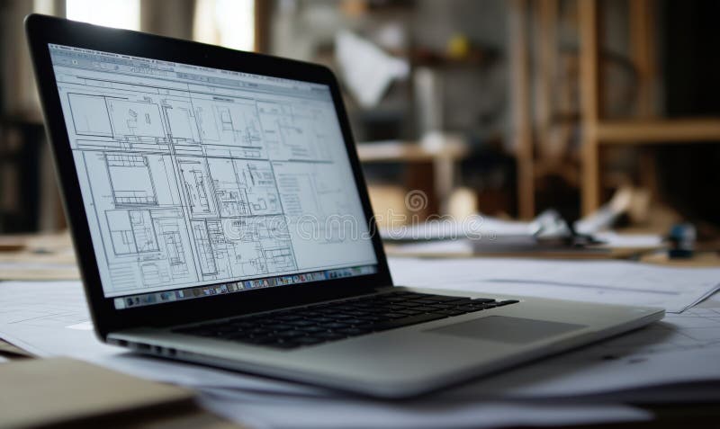 Architectural Blueprint Displayed on Laptop in Design Studio ...