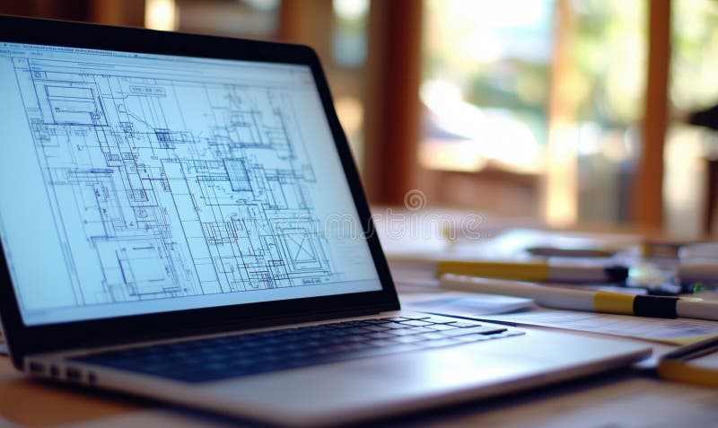 Architectural Blueprint Displayed on Laptop Screen with Workspace ...