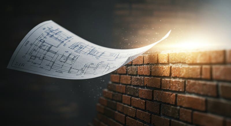Architectural Blueprint Draft: Detailed Plan Floating Above a Brick ...