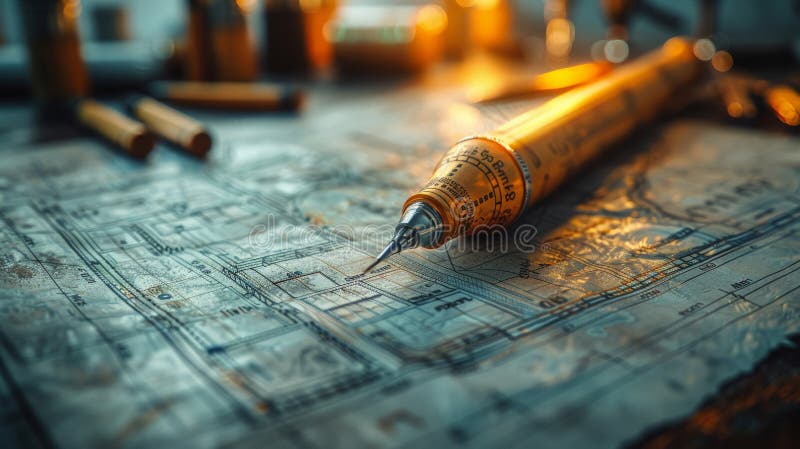 Architectural Blueprint with Drafting Pen on a Black Background Stock ...