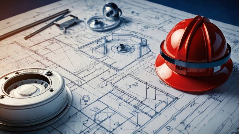 Red Helmet Lying on Blueprint with Engineering Tools Symbolizing ...