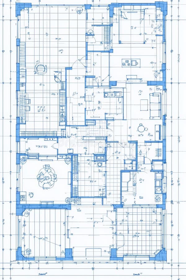 Architectural Blueprint Floor Plan on Blue Graph Paper Contemporary ...