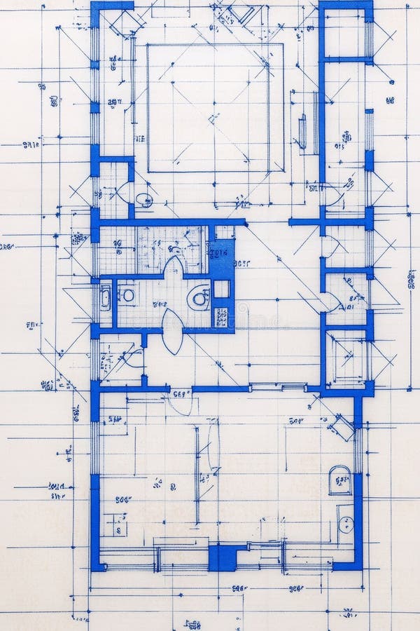Architectural Blueprint Floor Plan with Detailed Layout in Blue and ...