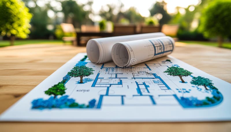 Architectural Blueprint Floor Plan Rolled Up on Wooden Table, Design ...