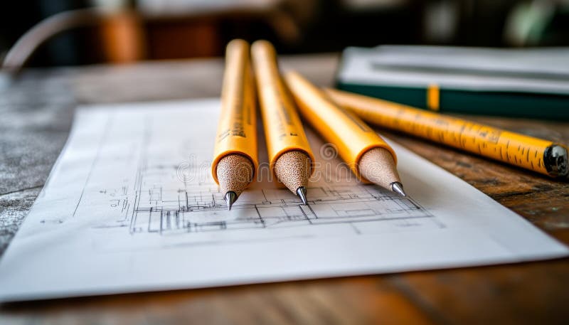 Architectural Blueprint with Four Pencils, Detail Planning Construction ...
