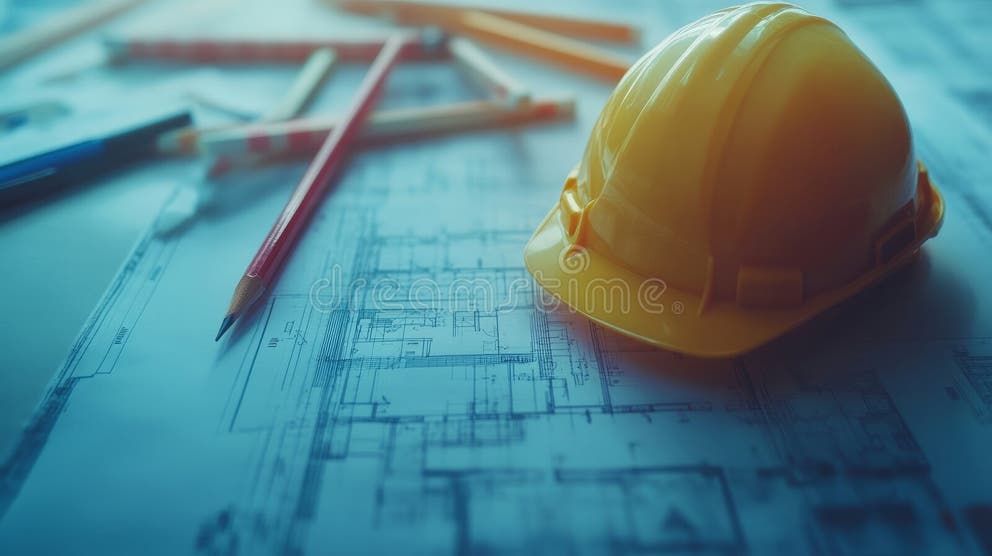 Architectural Blueprint with Hard Hat. Construction Plan on Paper with ...
